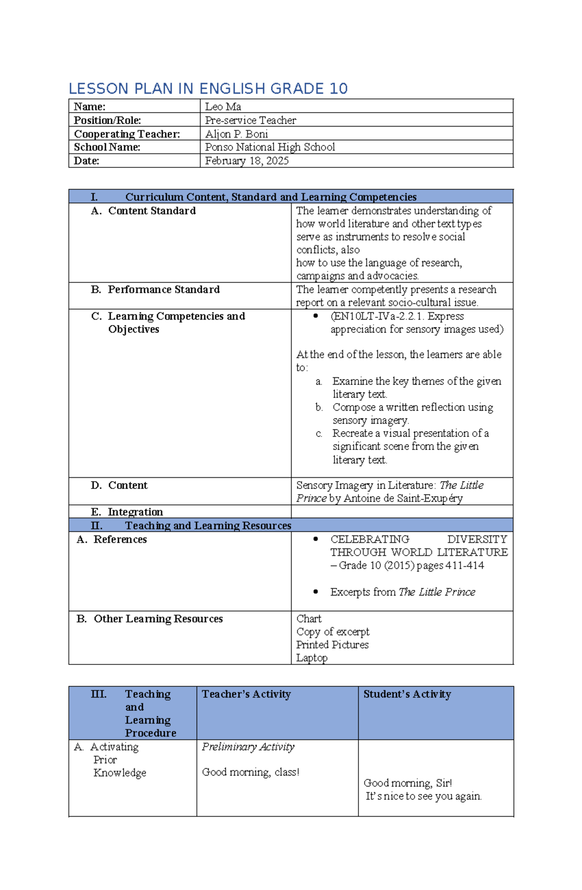 Grade 10 EN10LT-IVa-2.2 The Little Prince Lesson Plan on Sensory ...