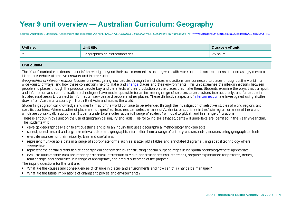 AC Geography Year 9 Unit Overview: Geographies of Interconnections ...