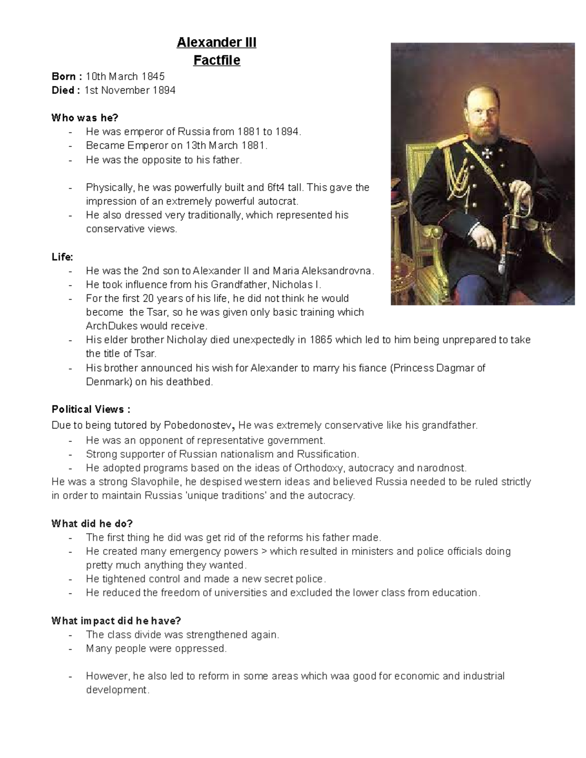 Alexander III - Alexander III Factfile Born : 10th March 1845 Died ...