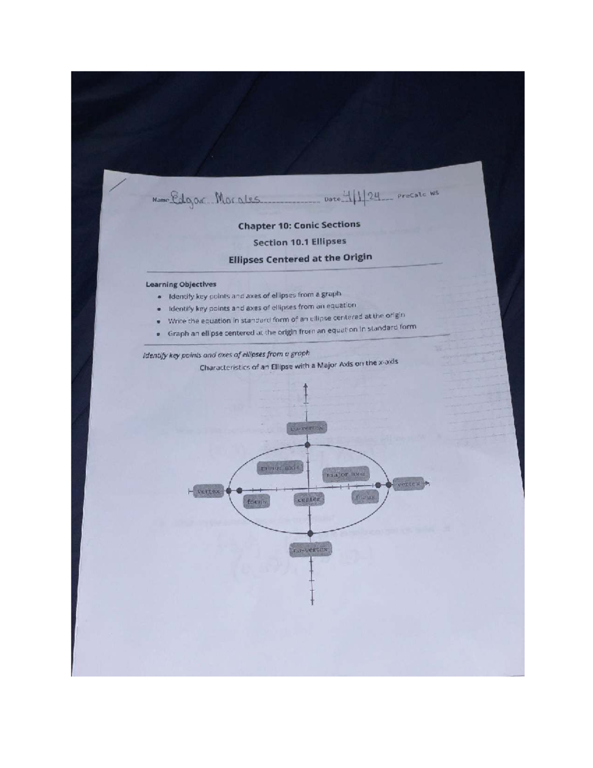 Section 10.1 WS - PreCalc Chapter 10: Ellipses at the Origin - Studocu