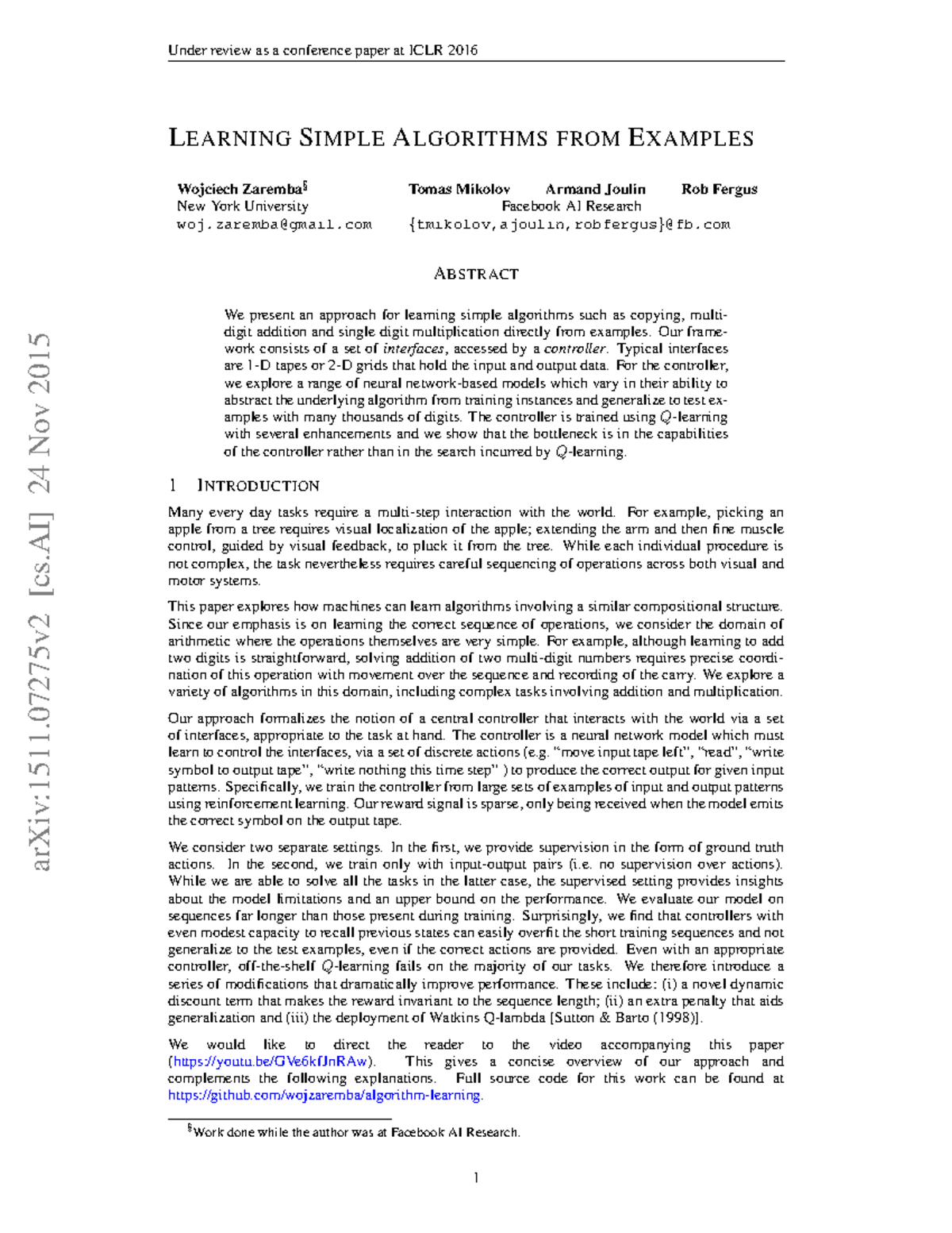 1511 - AI Docs - LEARNINGSIMPLEALGORITHMS FROMEXAMPLES Wojciech Zaremba ...