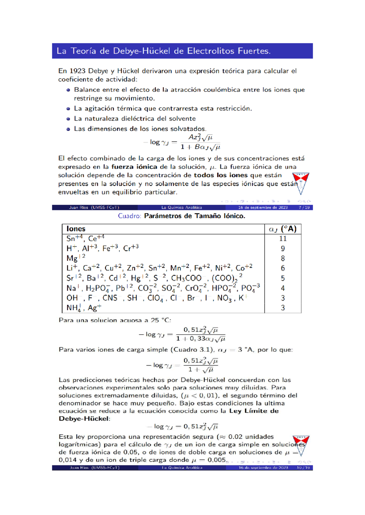 Teoría de Electrolitos Fuertes y Actividad en Soluciones - QCA 2023 ...