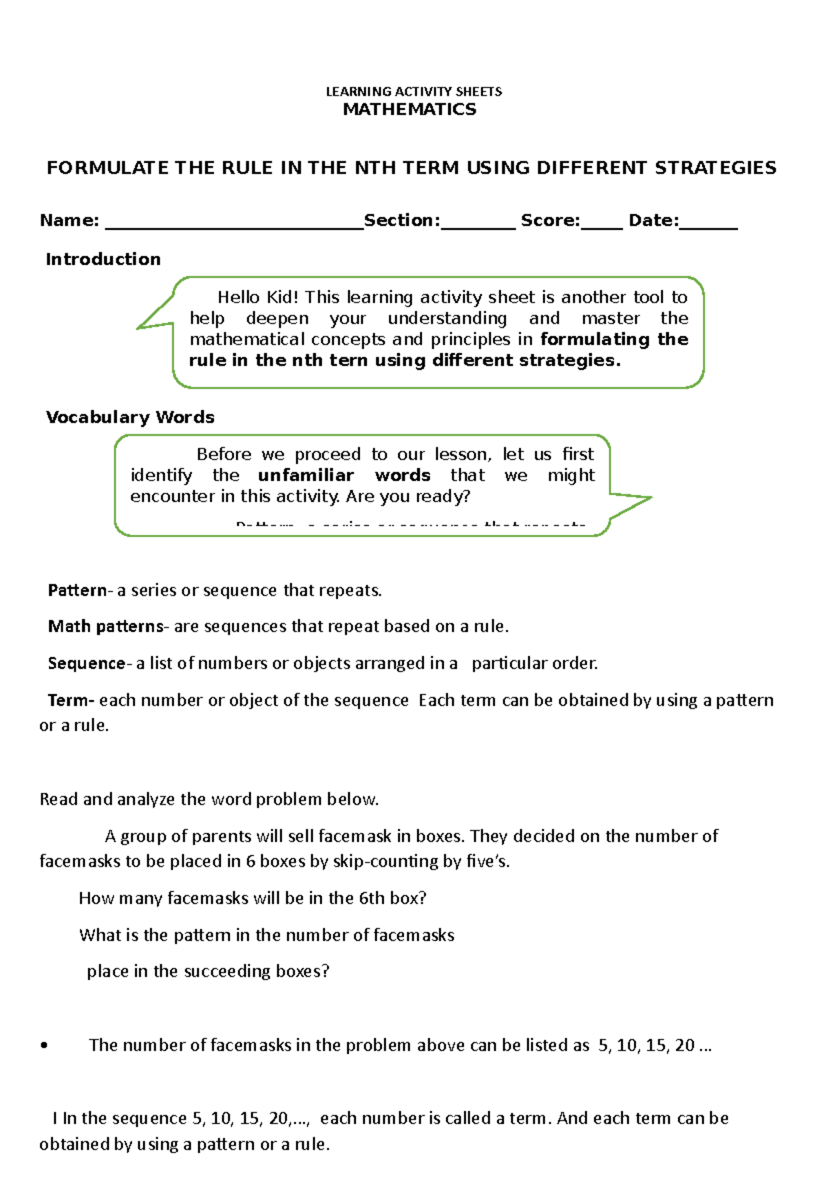 Learning Activity Sheets Math - LEARNING ACTIVITY SHEETS MATHEMATICS ...