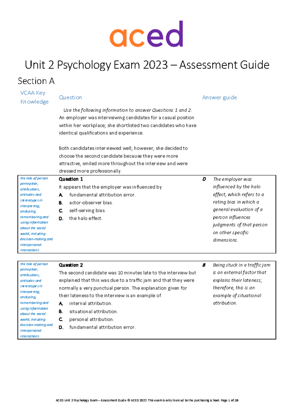 ACED Unit 2 Psychology Exam 2023 - Assessment Guide - Unit 2 Psychology ...