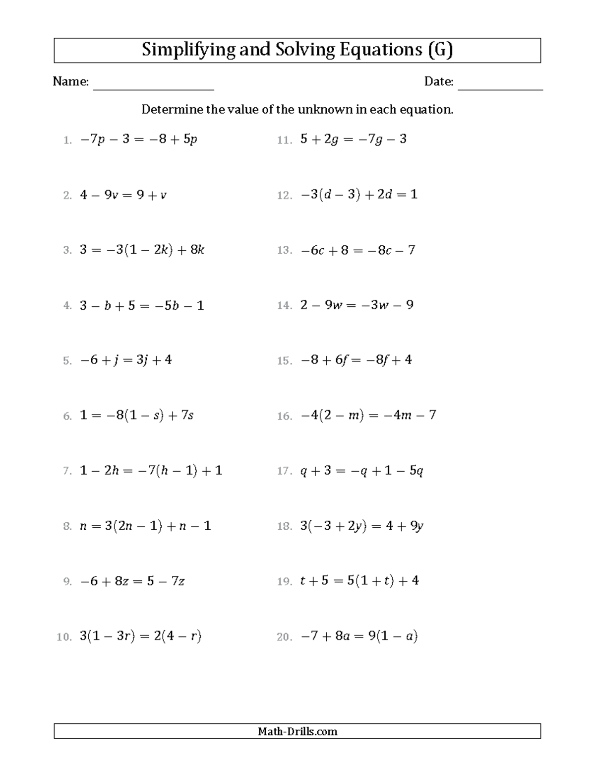 Combining Like Terms & Solving Linear Equations (G) - Studocu