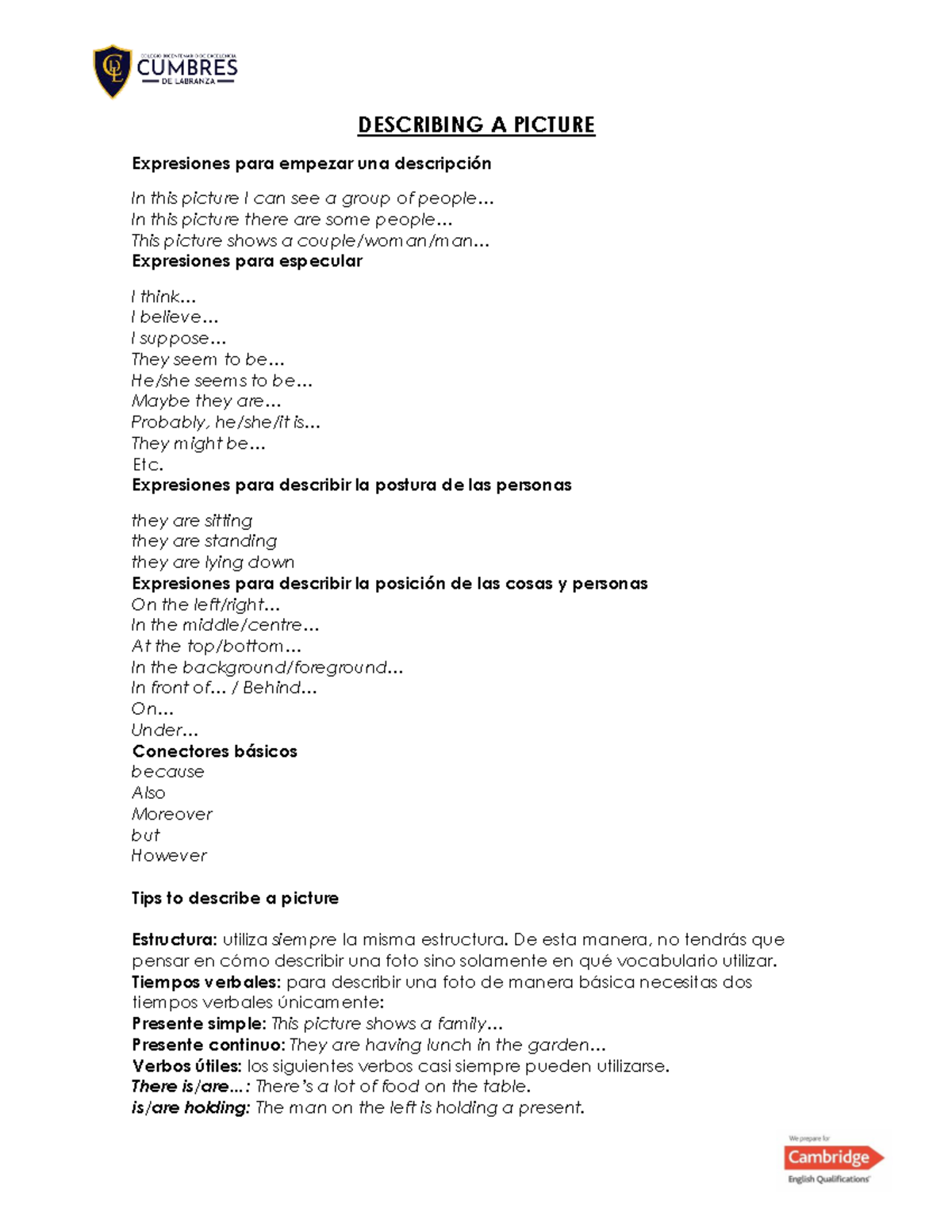 Describing a Picture: Useful Expressions and Tips for Clarity - Studocu