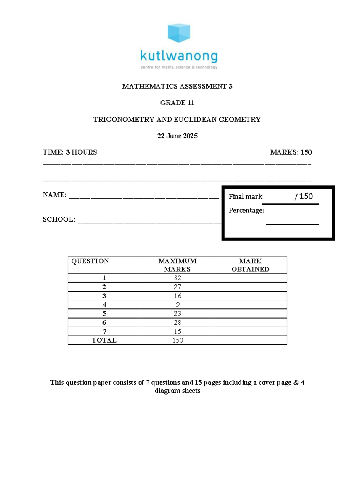 Grade 11 Mathematics Assessment 3: Trigonometry & Euclidean Geometry ...