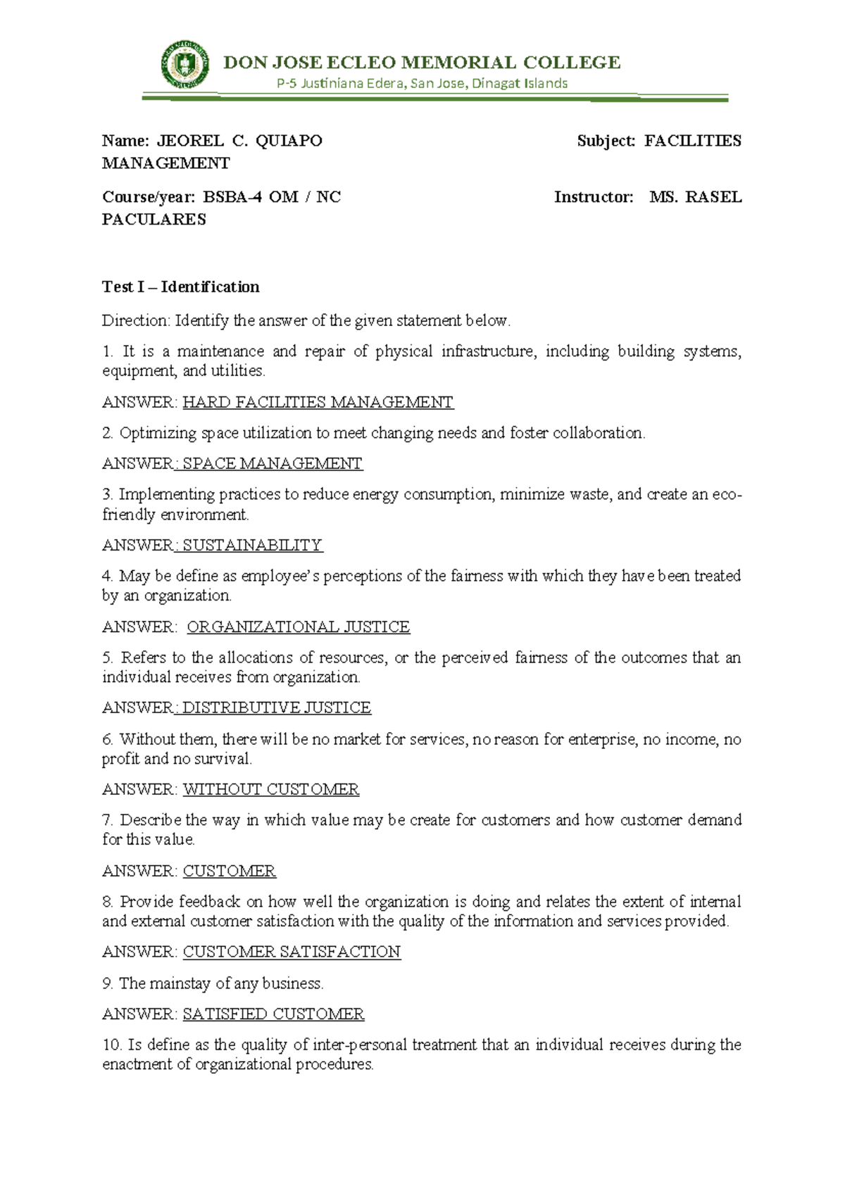 FM Assignments - Fm assignment activity - P-5 Justiniana Edera, San Jose, Dinagat Islands Name ...