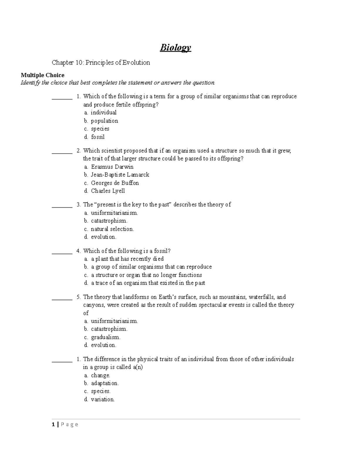 Biology Chapter 10 Test + Answer Key - Biology Chapter 10: Principles ...