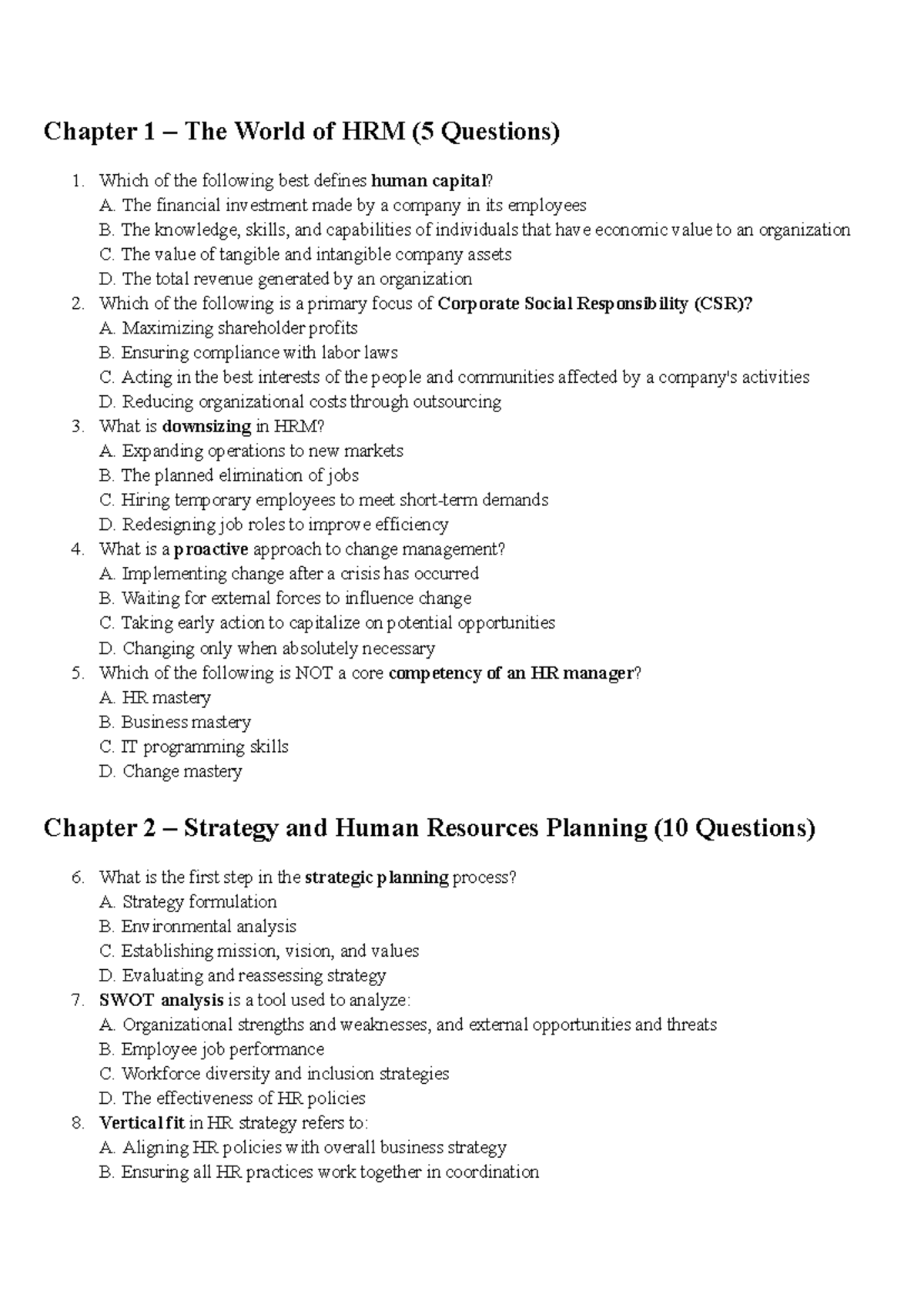 HRM 101: Chapter Questions on HRM Concepts and Practices - Studocu