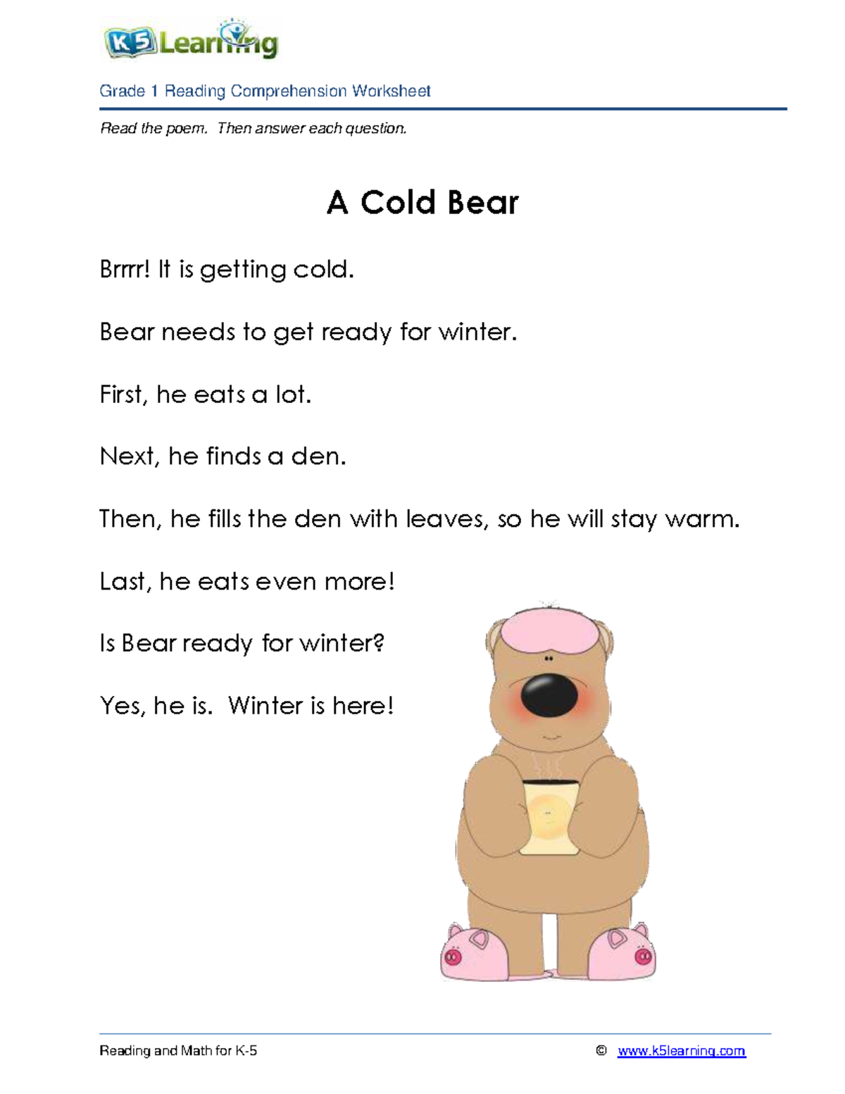 Grade 1 Reading Comprehension: A Cold Bear Worksheet - Studocu