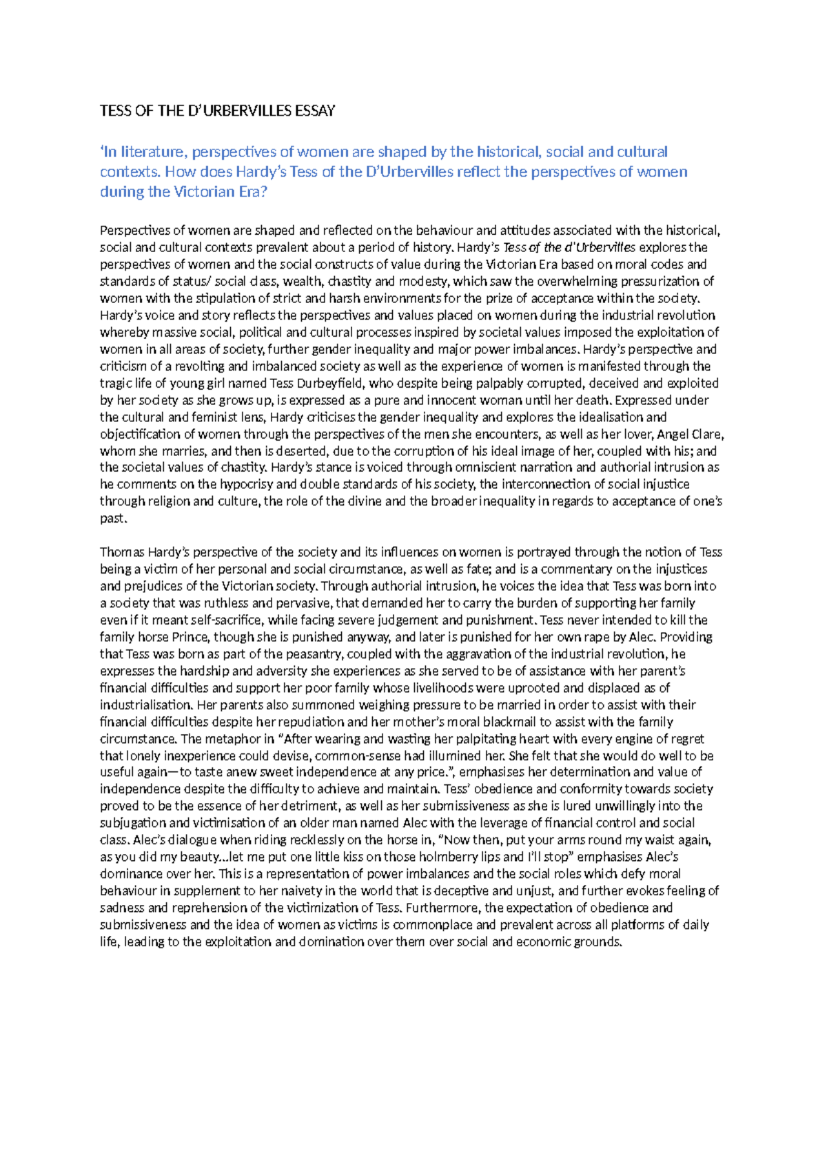 TESS (ENG 201) Essay: Women's Perspectives in Victorian Society - Studocu