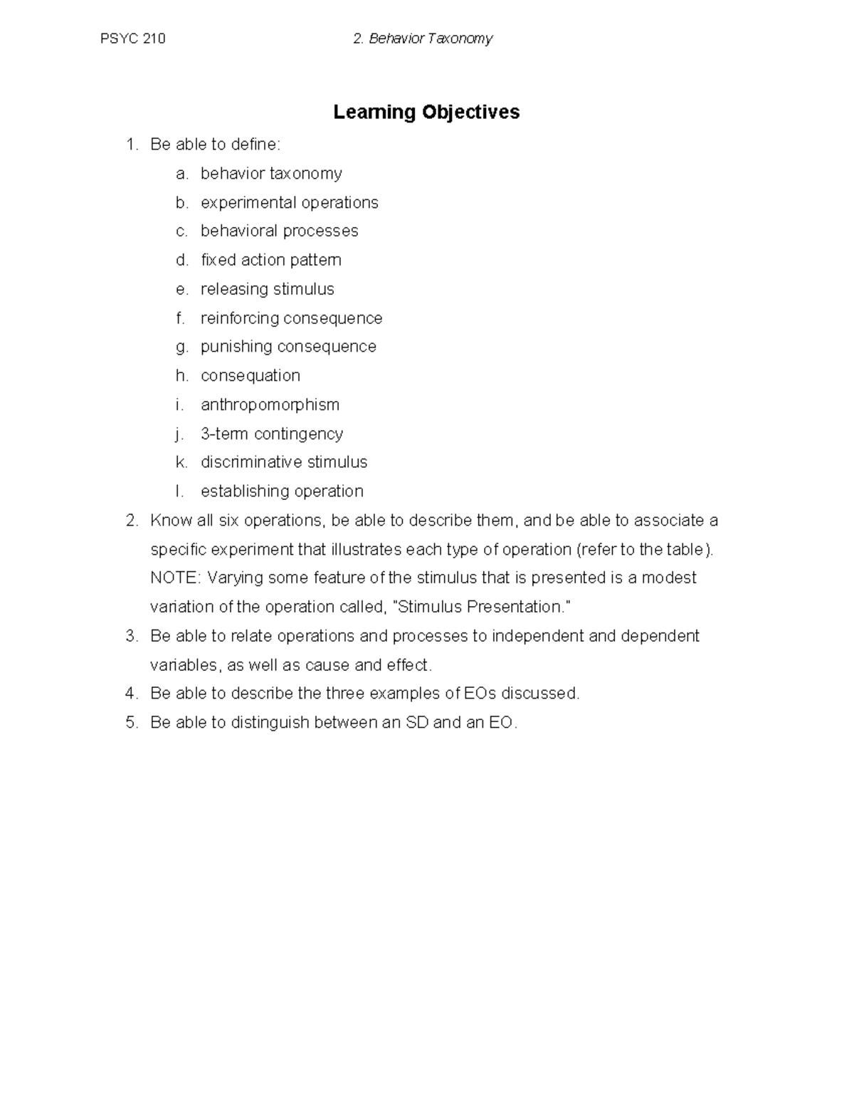 PSYC 210: Behavior Taxonomy Guided Notes & Learning Objectives - Studocu