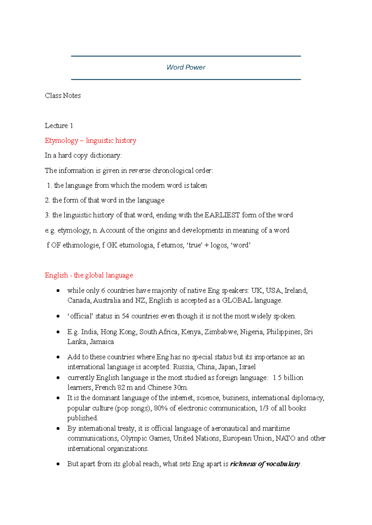 Word Power Class Notes: Lecture 1 on Etymology and Linguistic History ...