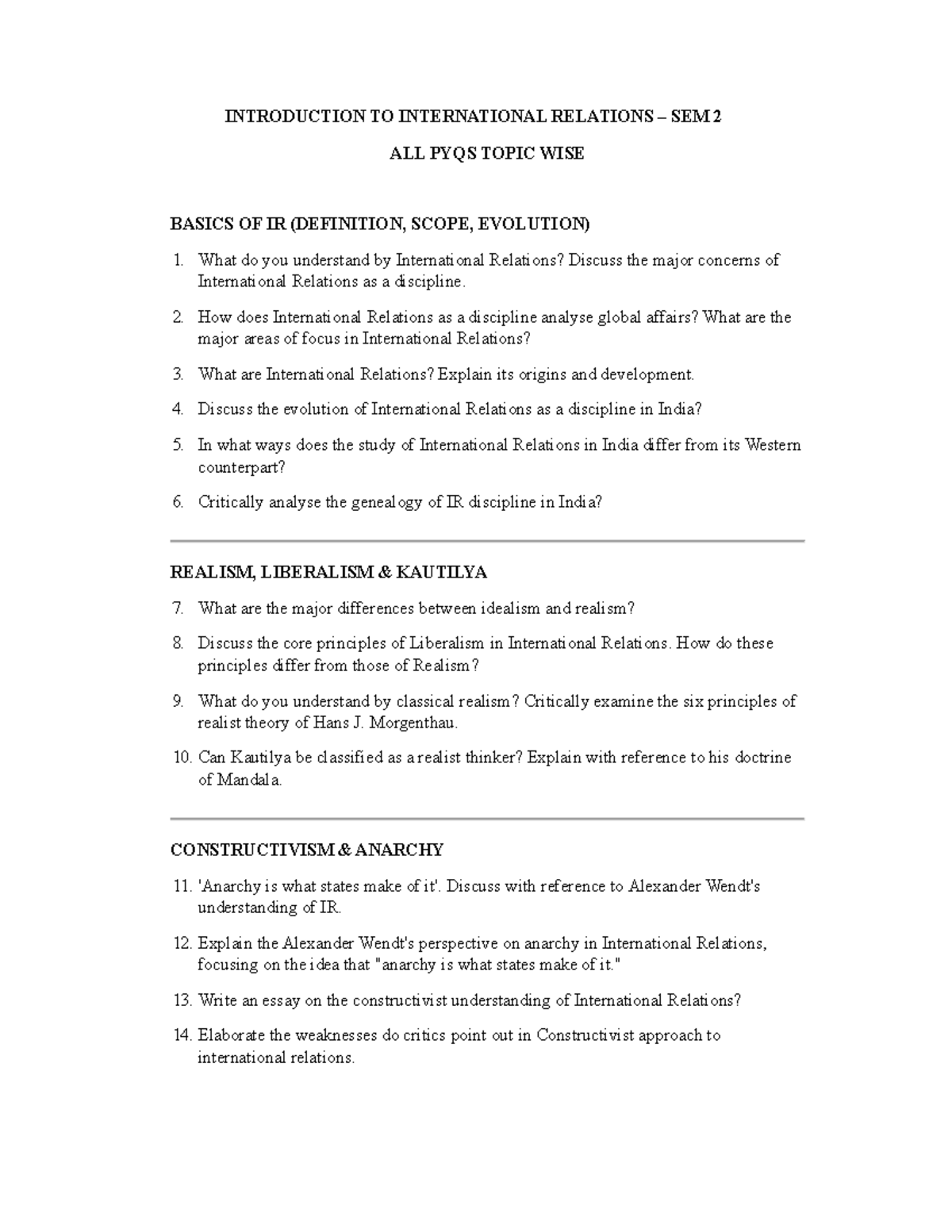 Topic-Wise All PYQs for POL Science SEM 2: Basics of International ...