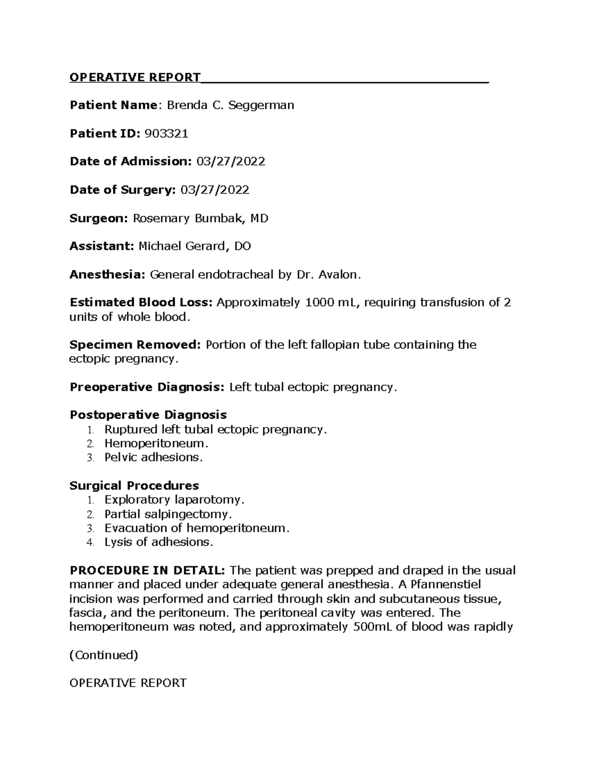 Operative Report: Brenda C. Seggerman - Ectopic Pregnancy Case Study 1 ...