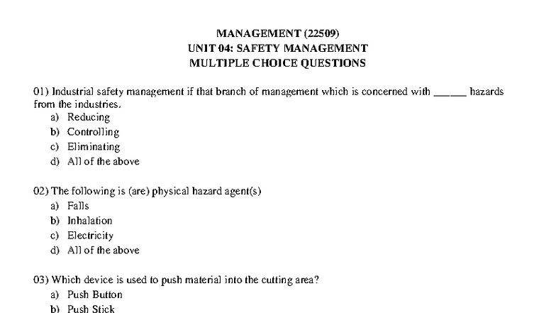 MANAGEMENT (22509) UNIT 04: SAFETY MANAGEMENT MCQ QUESTIONS - Studocu