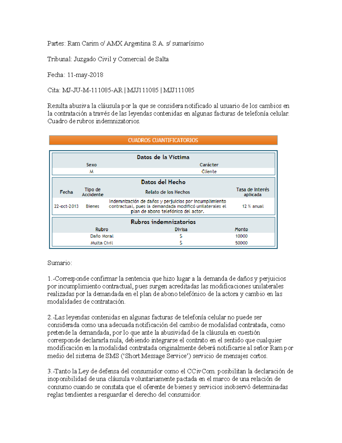 Fallo Sumarísimo: Ram Carim vs. AMX Argentina S.A. por Incumplimiento ...