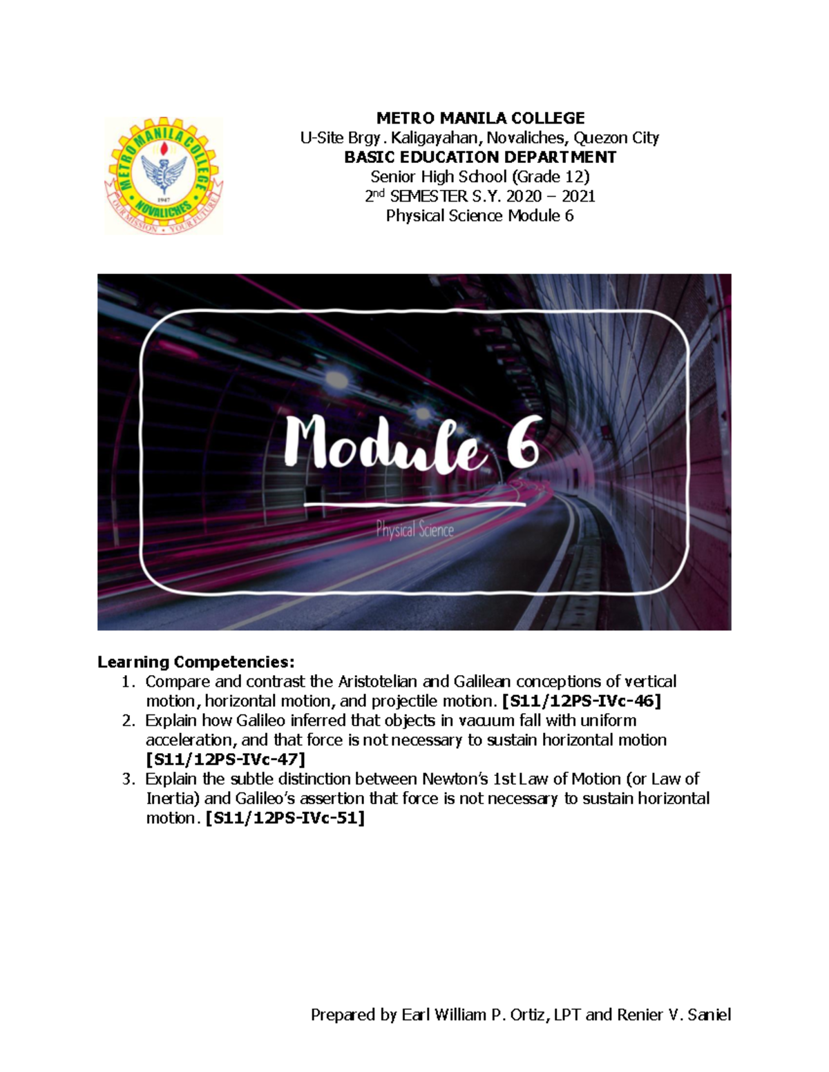 Grade 12 Physical Science Module 6: Motion Concepts & Experiments - Studocu