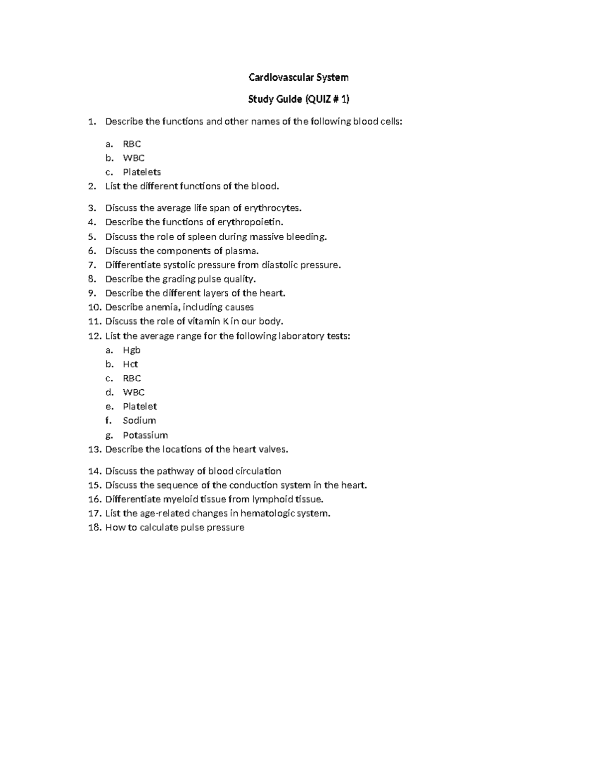Cardiovascular System Study Guide (QUIZ 1) - Key Concepts & Functions ...
