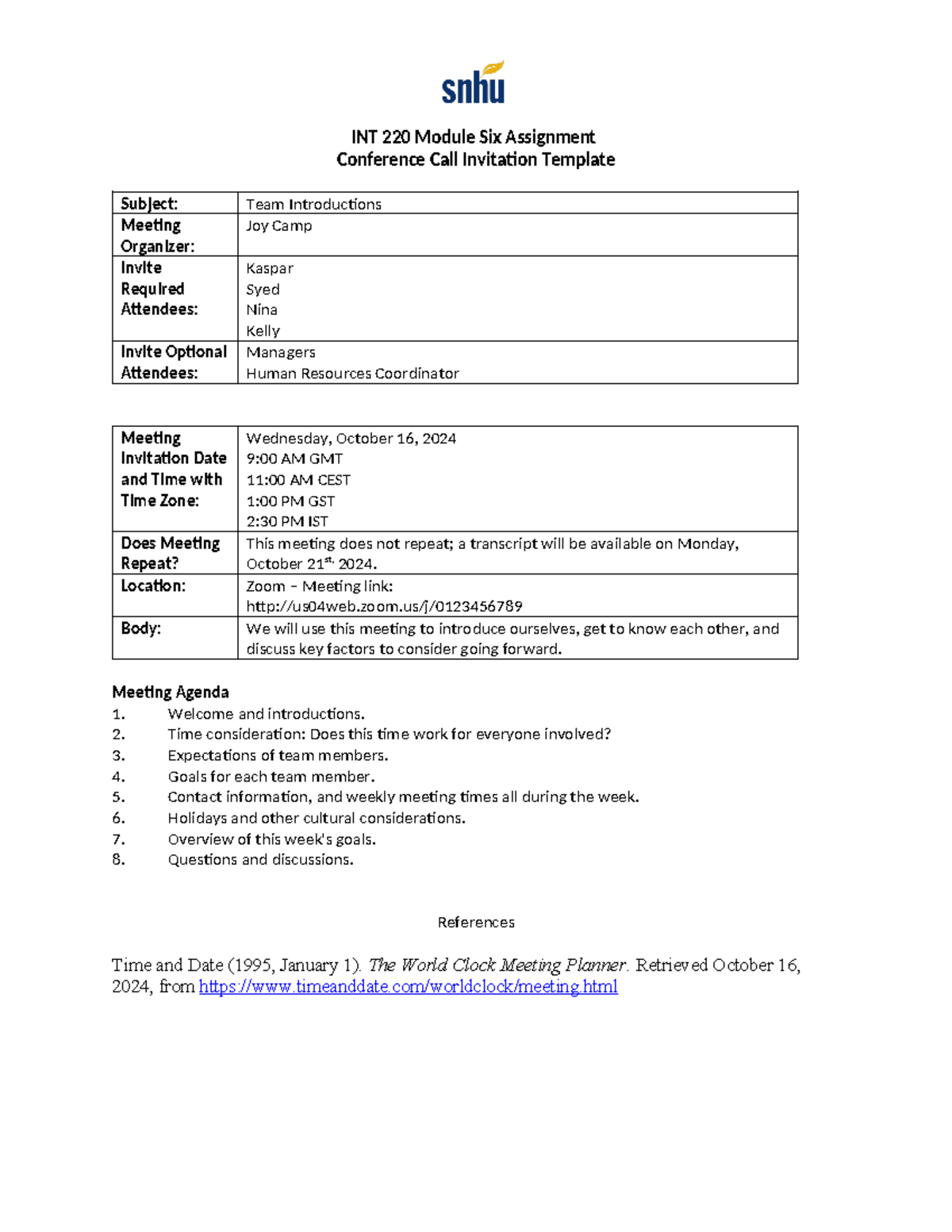 INT 220 Conference Call Invitation Joy Camp - INT 220 Module Six ...