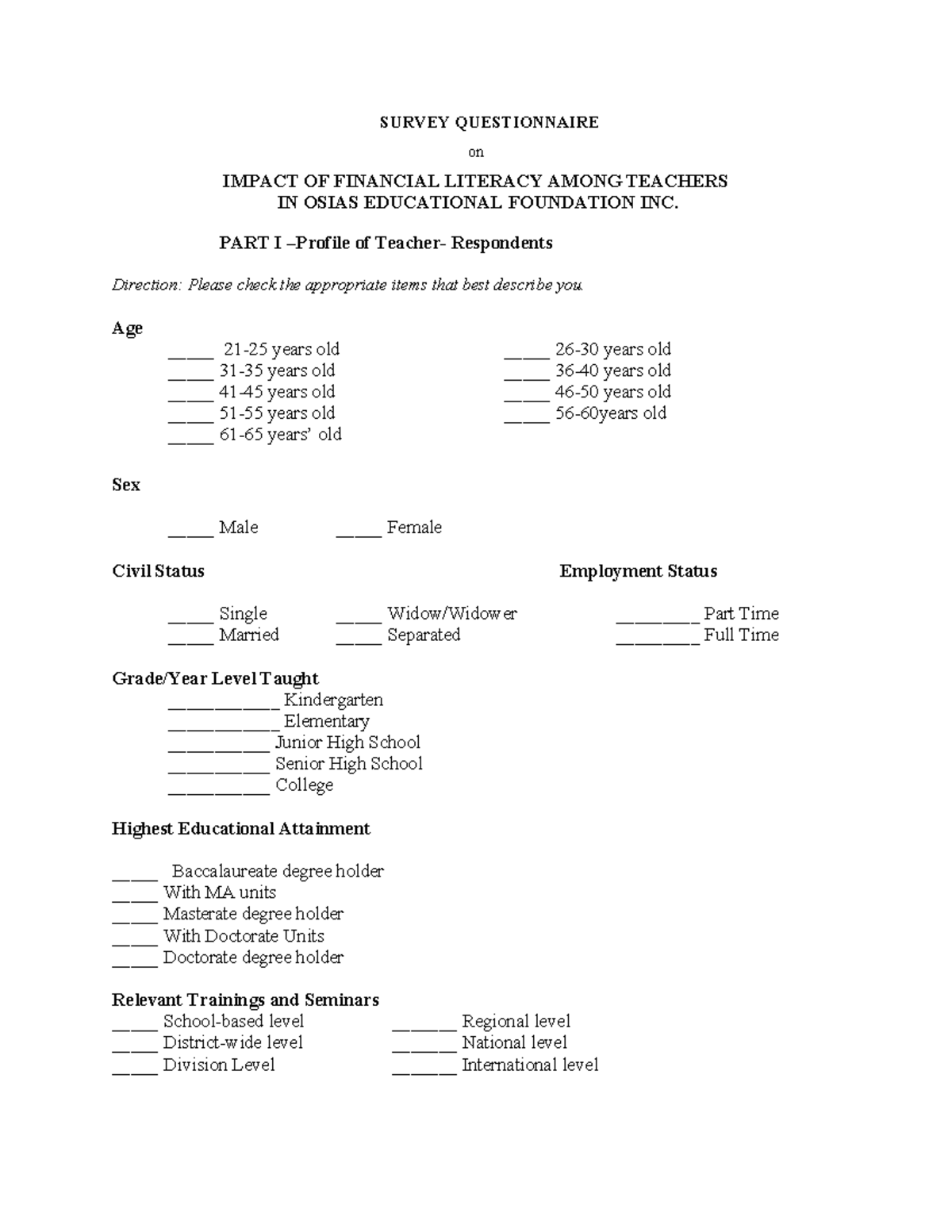 Survey Questionnaire on Financial Literacy Impact - NEIL - Studocu