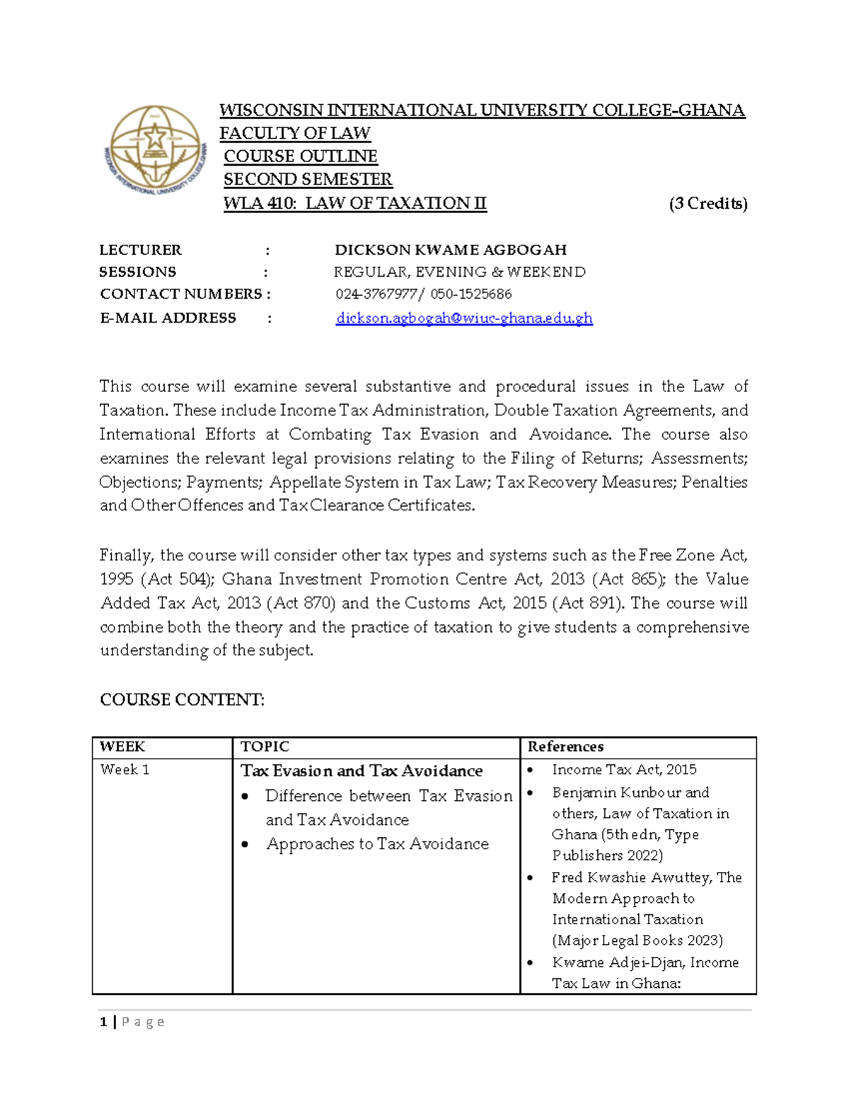 WLA 410: Course Outline for Law of Taxation II (3 Credits) - Studocu