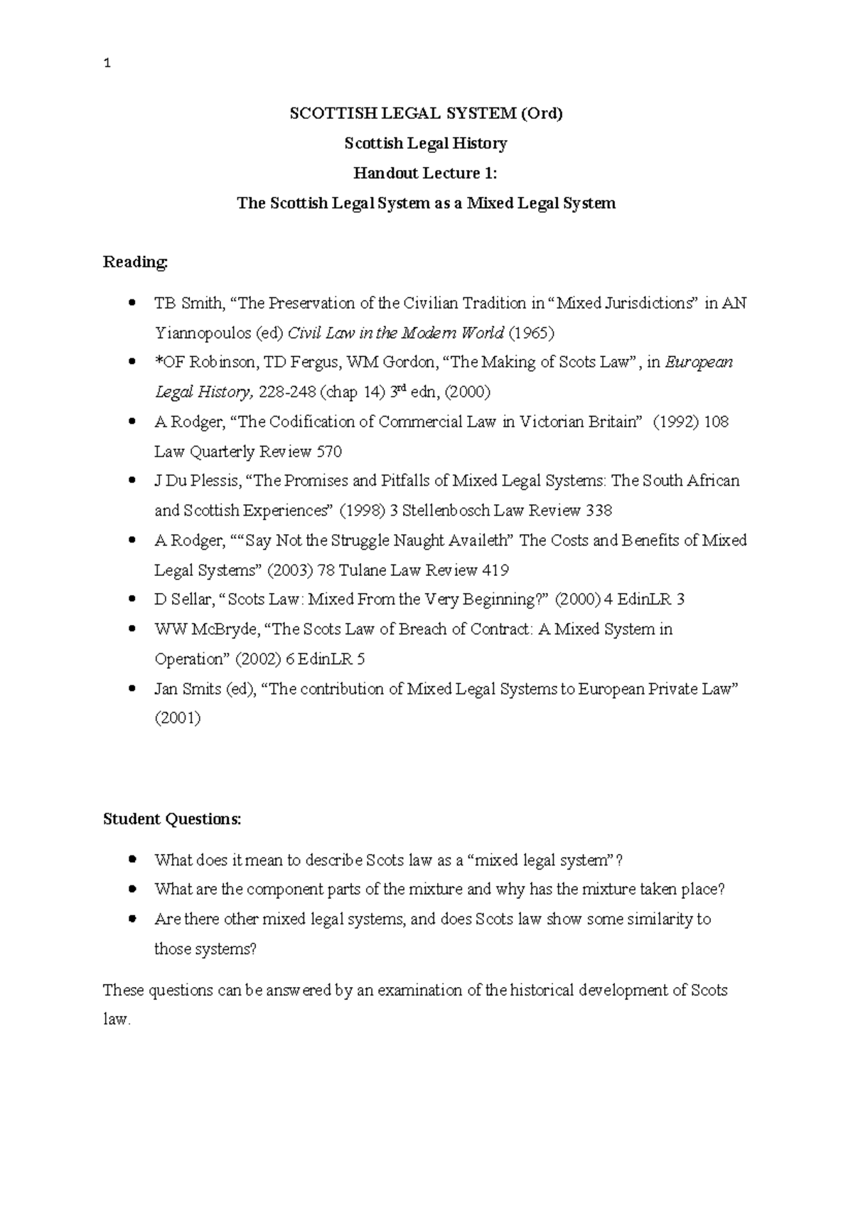 SLS Legal History Lecture 1: Scots Law as a Mixed Legal System - Studocu