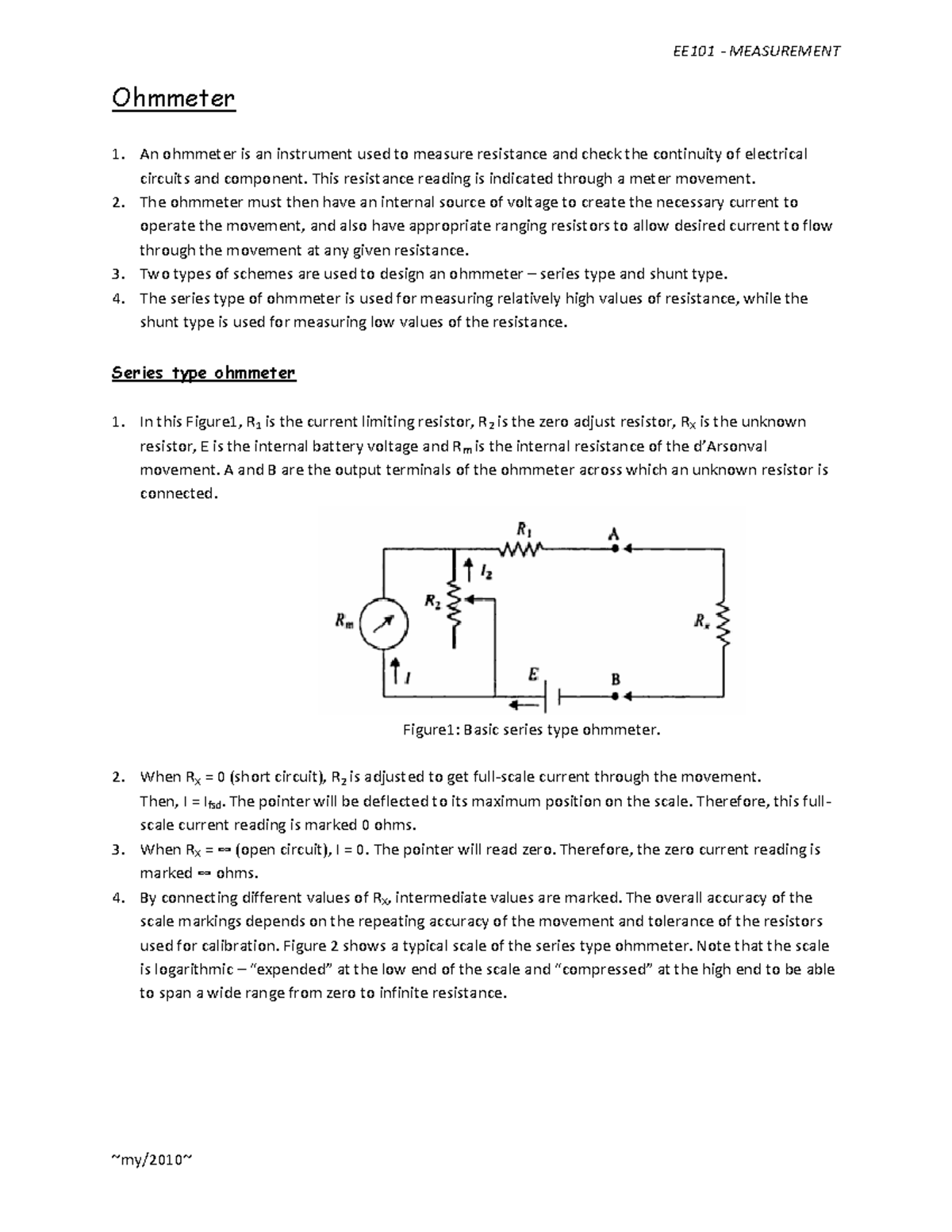 Ohmmeter principles and calculations for EE101 measurement - Studocu