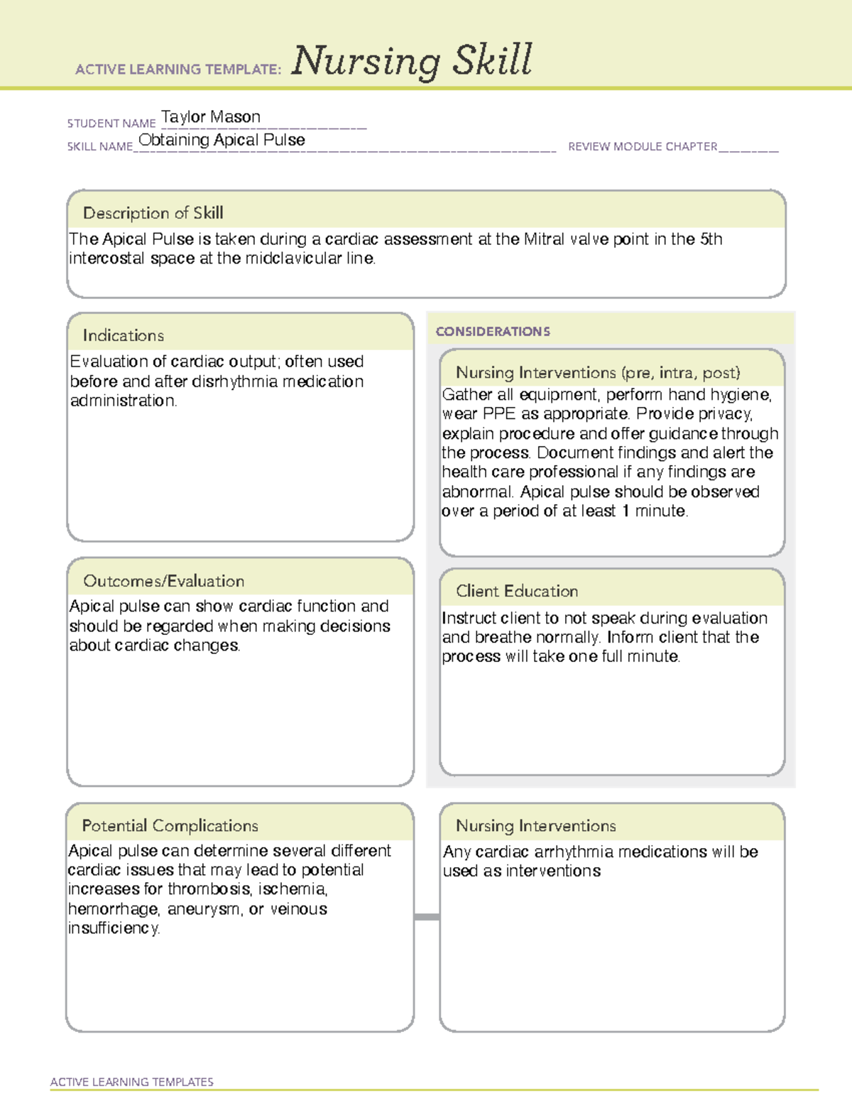 Apical Pulse Nursing Skill Template (NURS 101) - Studocu