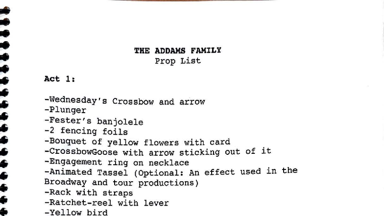 The Addams Family Prop List for Acts 1 & 2 - Theatrical Production ...
