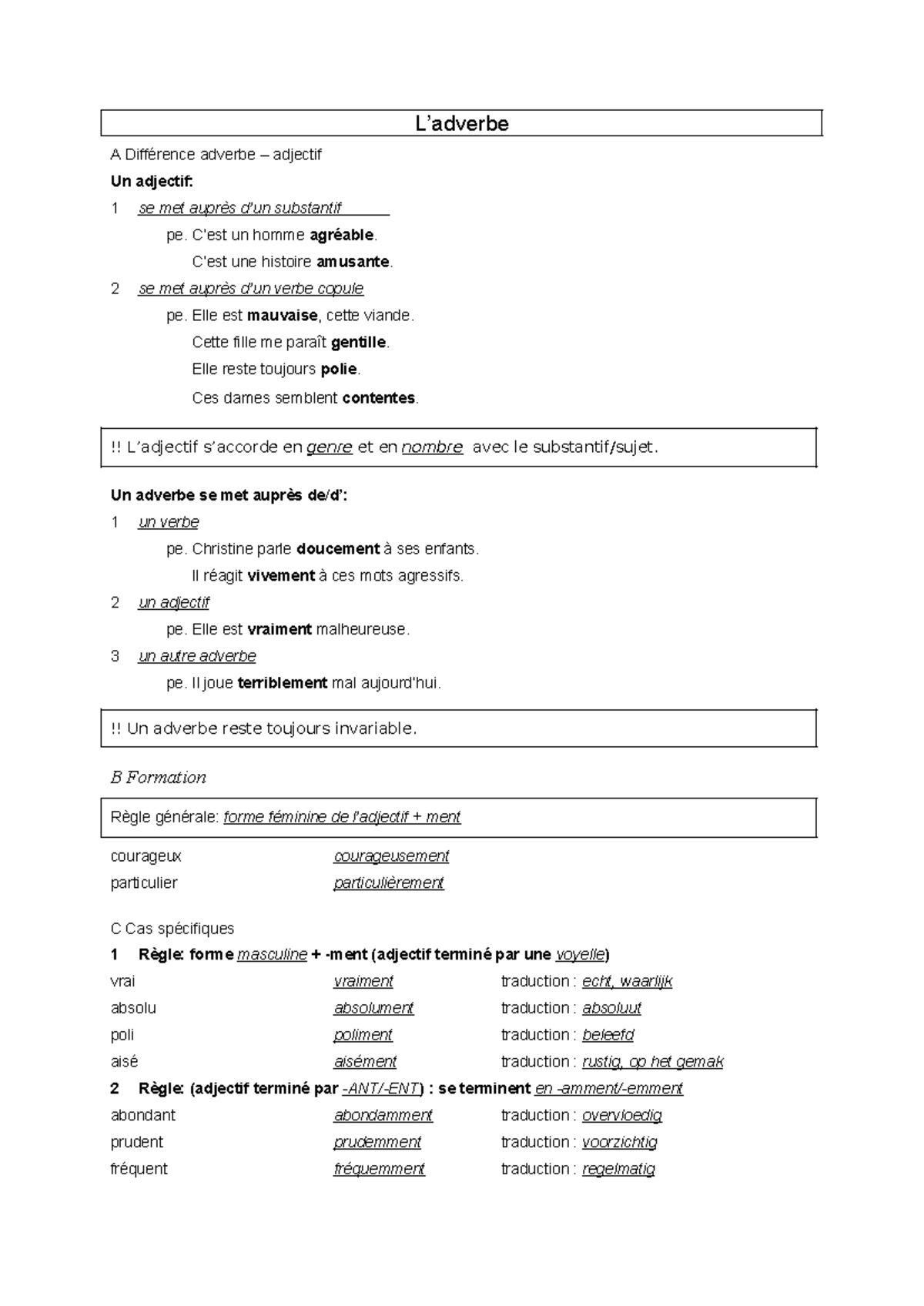 L'adverbe et l'adjectif: Fiche de formation en français - Studocu