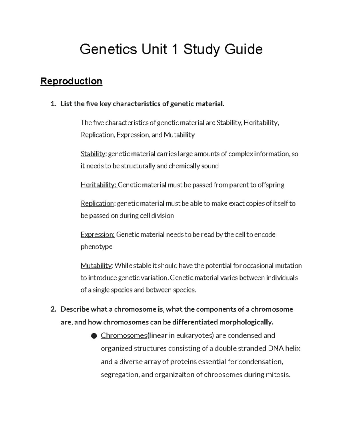 Genetics Study Guide - Reproduction - Genetics Unit 1 Study Guide ...