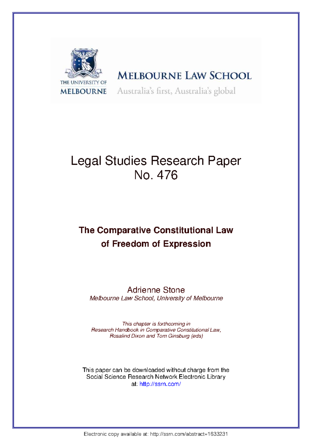 Adrienne Stone Comparative Constitutional Law of Freedom of Speech ...