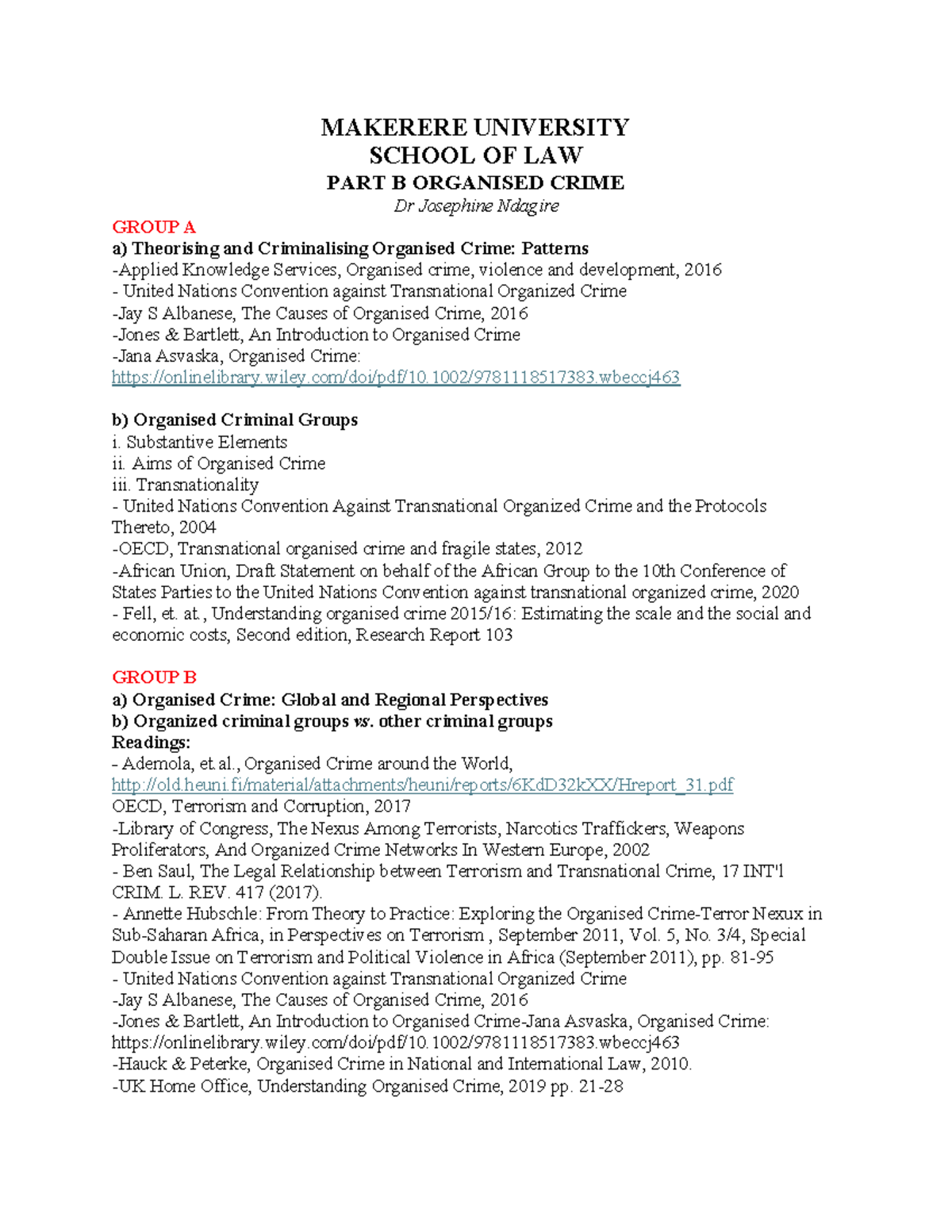 Organised Crime Course Outline, 2025 - MAKERERE UNIVERSITY SCHOOL OF ...