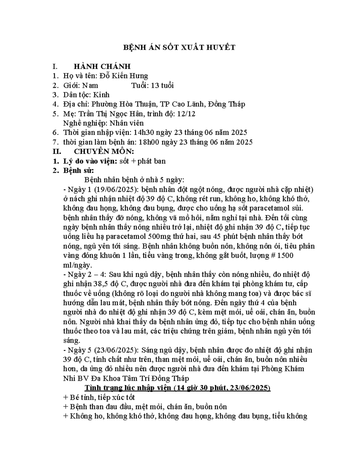 Bệnh Án Sốt Xuất Huyết - BA SXH K41 - Studocu