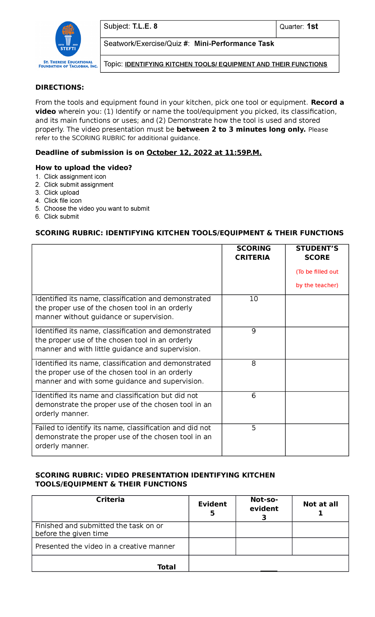 TLE8-Mini-Performance task - DIRECTIONS: From the tools and equipment ...