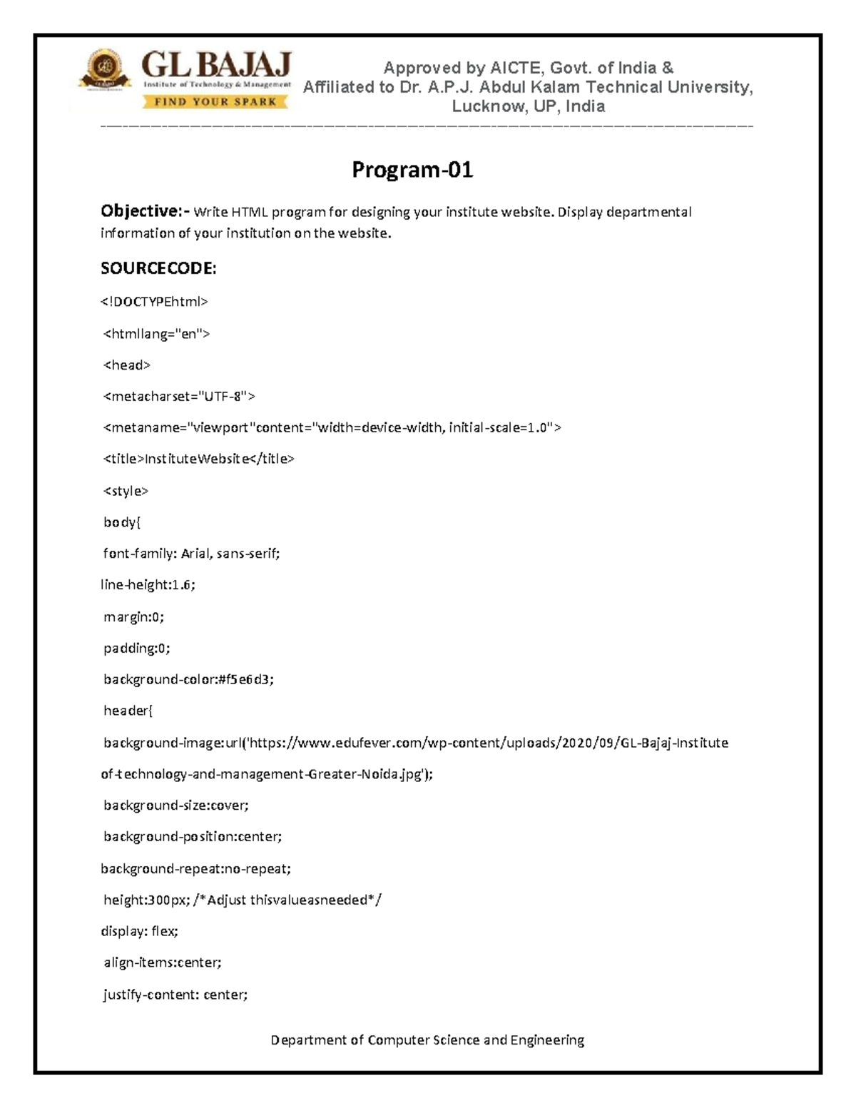 HTML Program for Designing Institute Website - CS Department (Web Tech) - Studocu