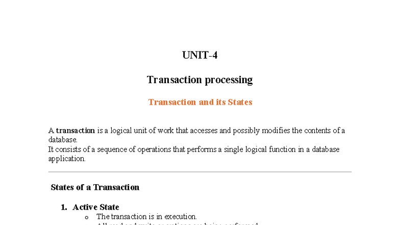 UNIT-4 - Transaction Processing and Its States Explained - Studocu