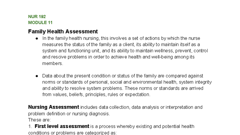 NUR 192 MODULE 11 Family Health Assessment Overview and Methods - Studocu