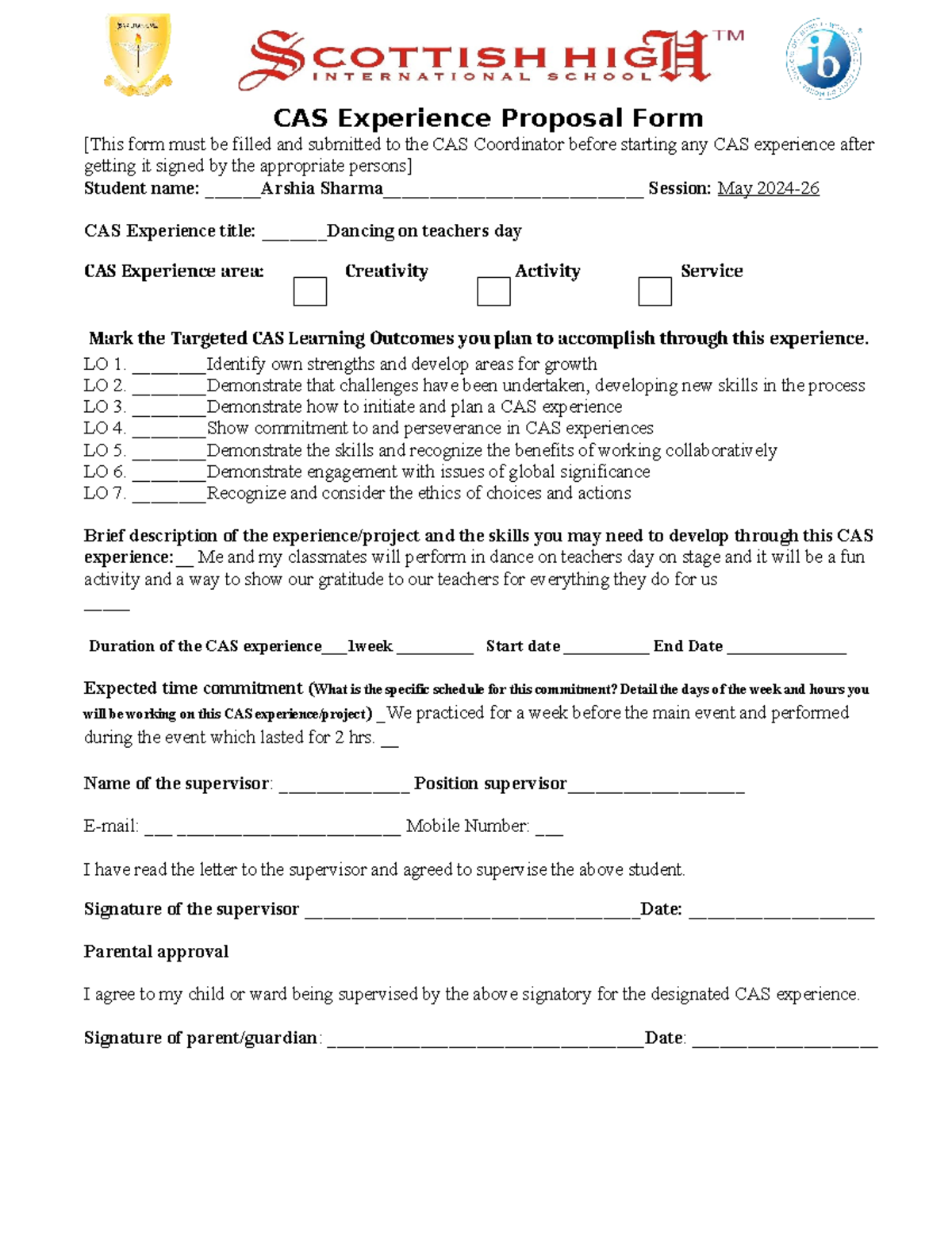 CAS Experience Proposal: Dancing for Teachers Day - Studocu