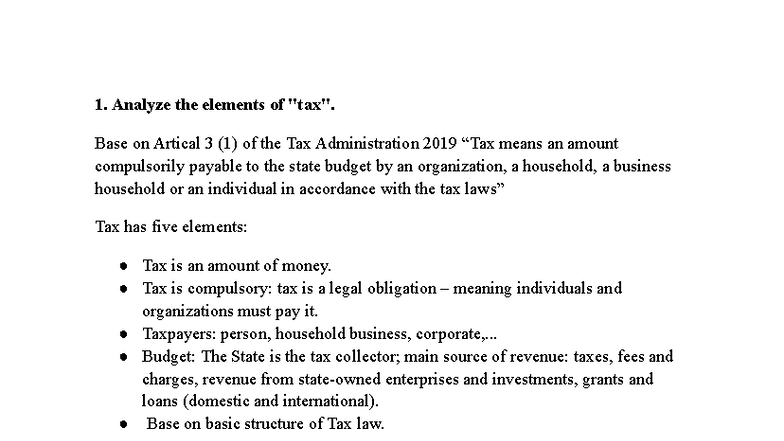 TAX LAW Exercise: Analyzing Tax Elements and Classifications (LTA 2019 ...