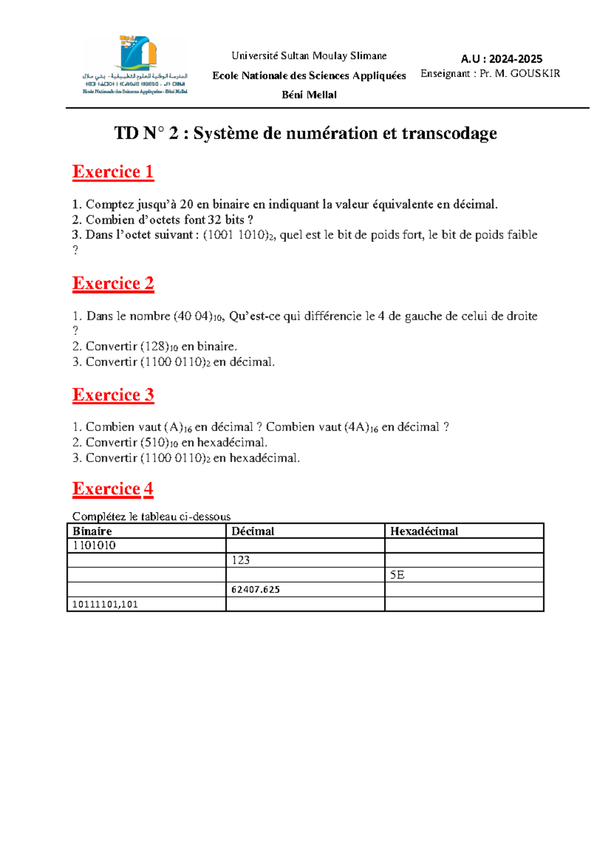TD 2 : Système de numération et transcodage - Exercice 1 à 4 - Studocu