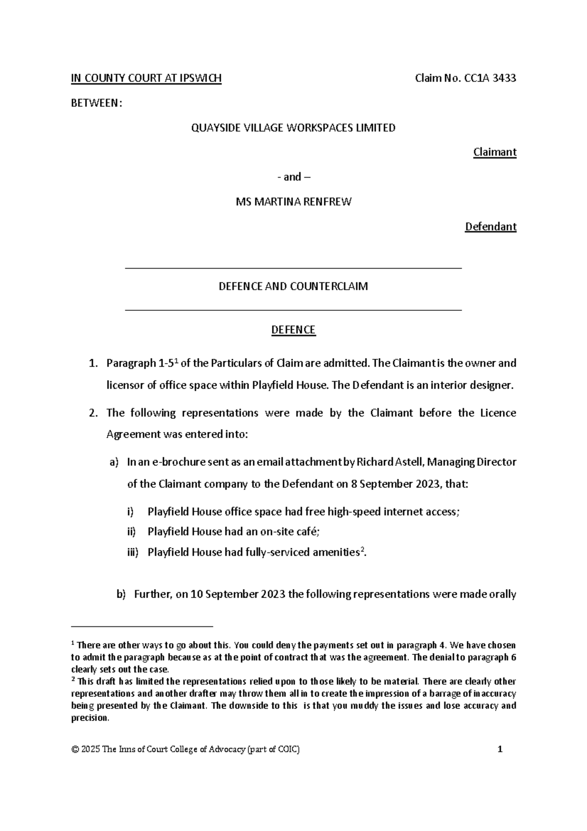 Sample Defence and Counterclaim: Quayside Village v. Renfrew (CC1A 3433 ...