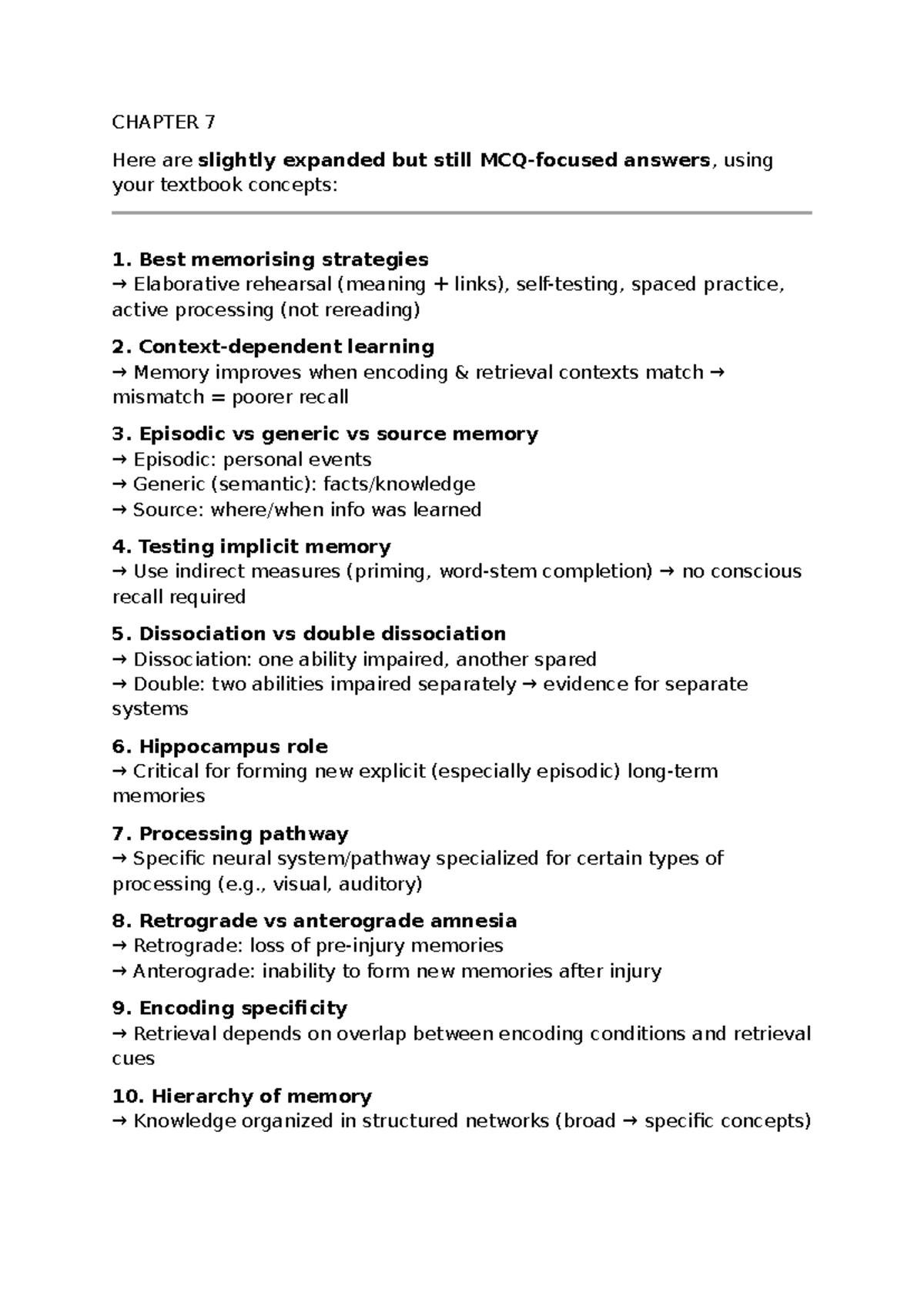 CHAPTER HINTS: Key Concepts and Strategies for Memory (Psych 101) - Studocu