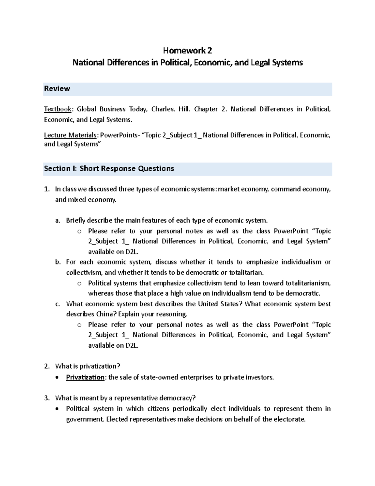 Homework 2: National Differences in Political, Economic, and Legal ...