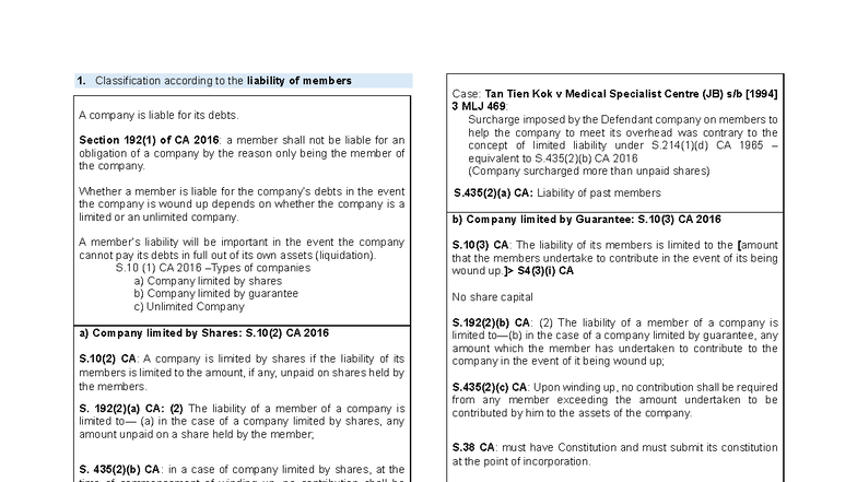Company Law I: Topic 1 - Classification of Member Liability and Company ...