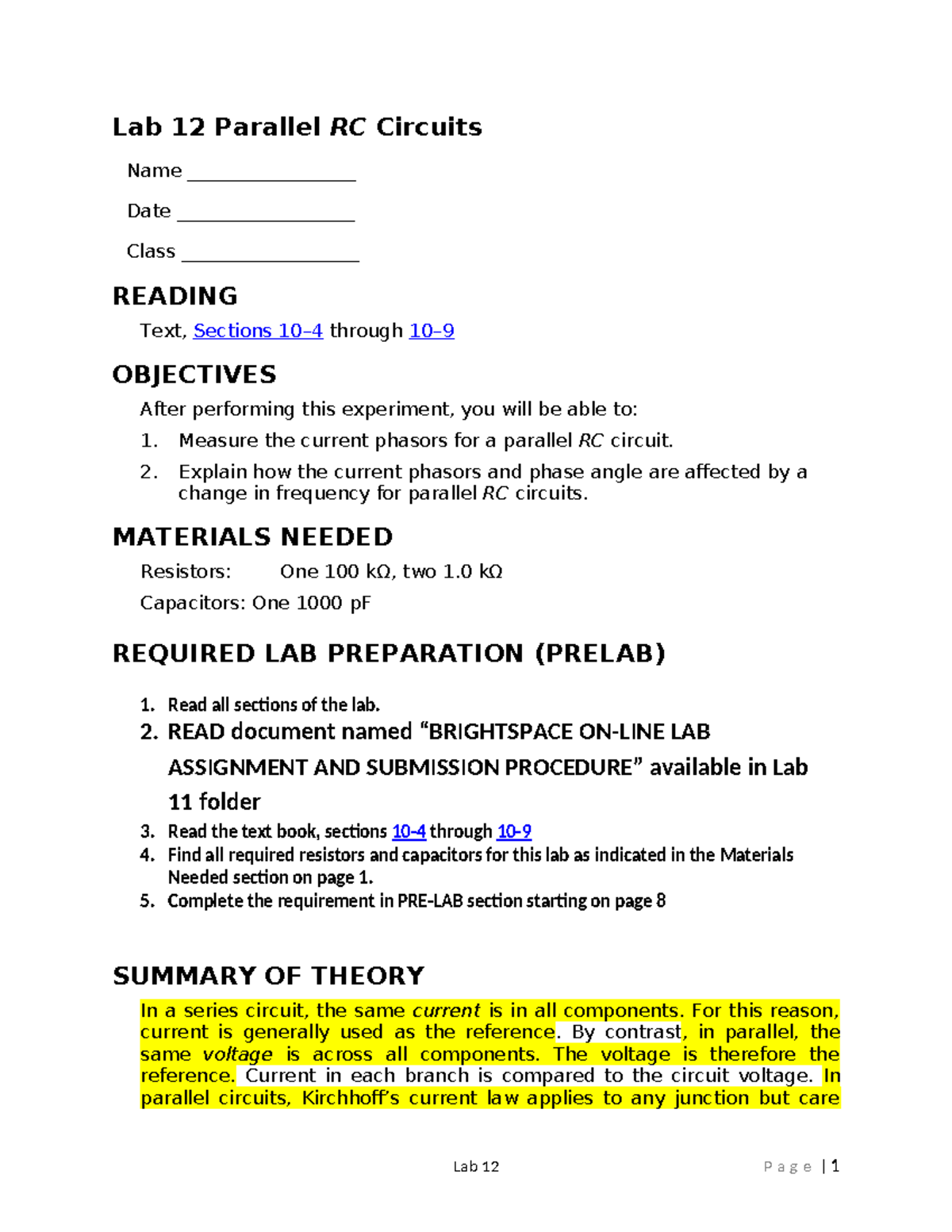 Lab 12: Parallel RC Circuits Experiment and Analysis - Studocu