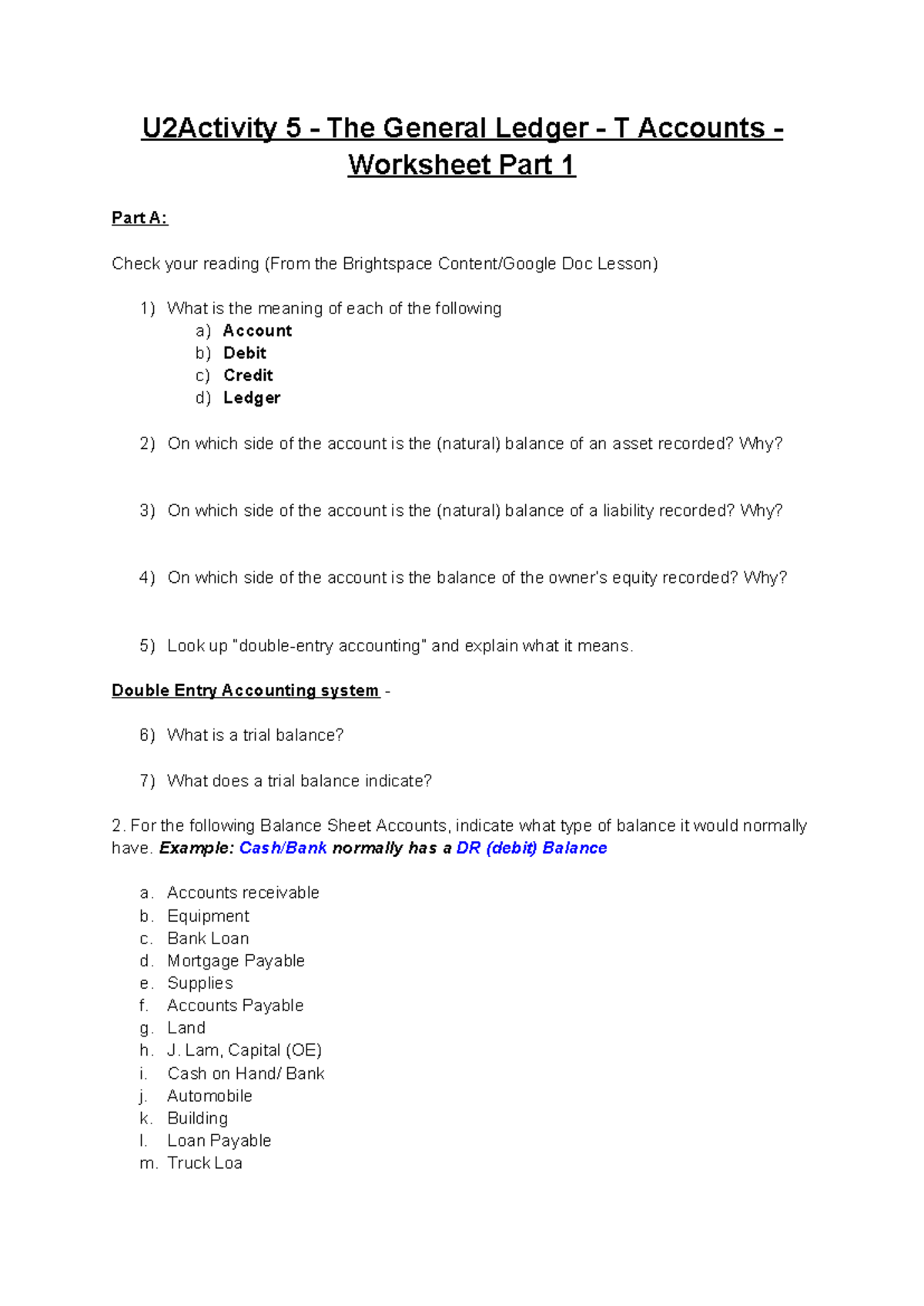 U2Activity 5 - General Ledger T-Accounts Worksheet Part 1 Analysis ...