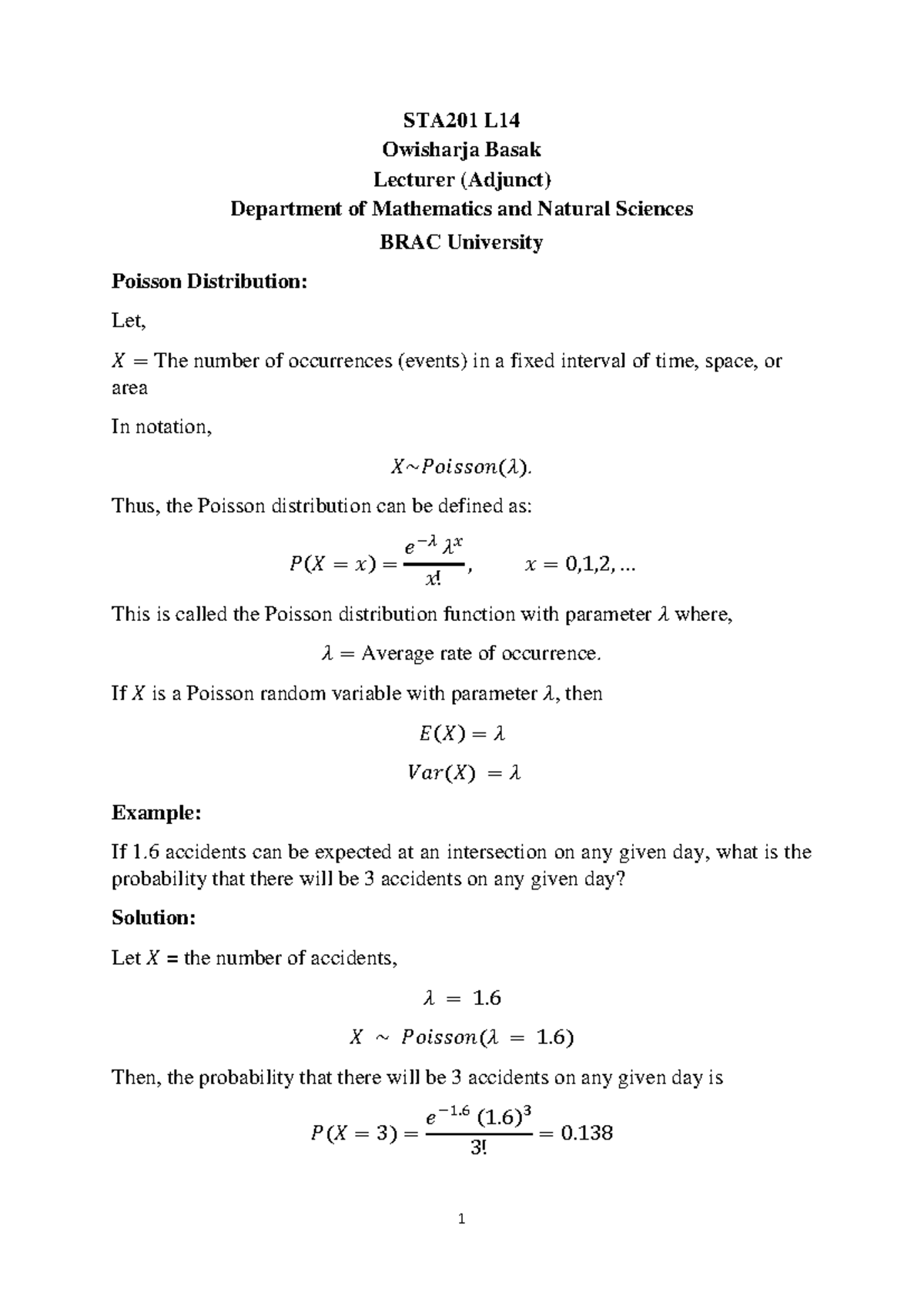 STA201 L14 - Poisson and Normal Distributions Lecture Notes - Studocu